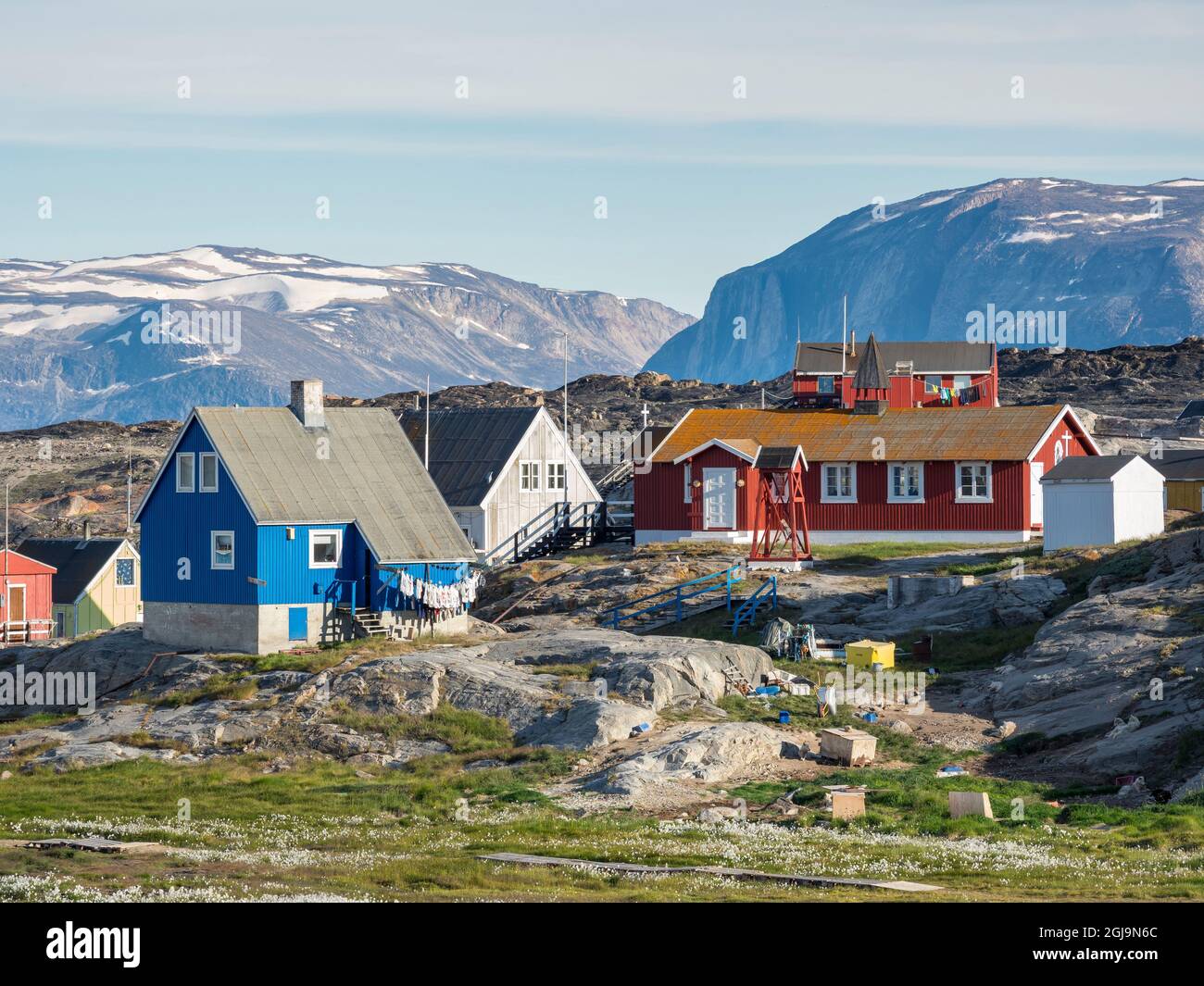 Small fishing village on Ikerasak island in the Uummannaq Fjord System ...