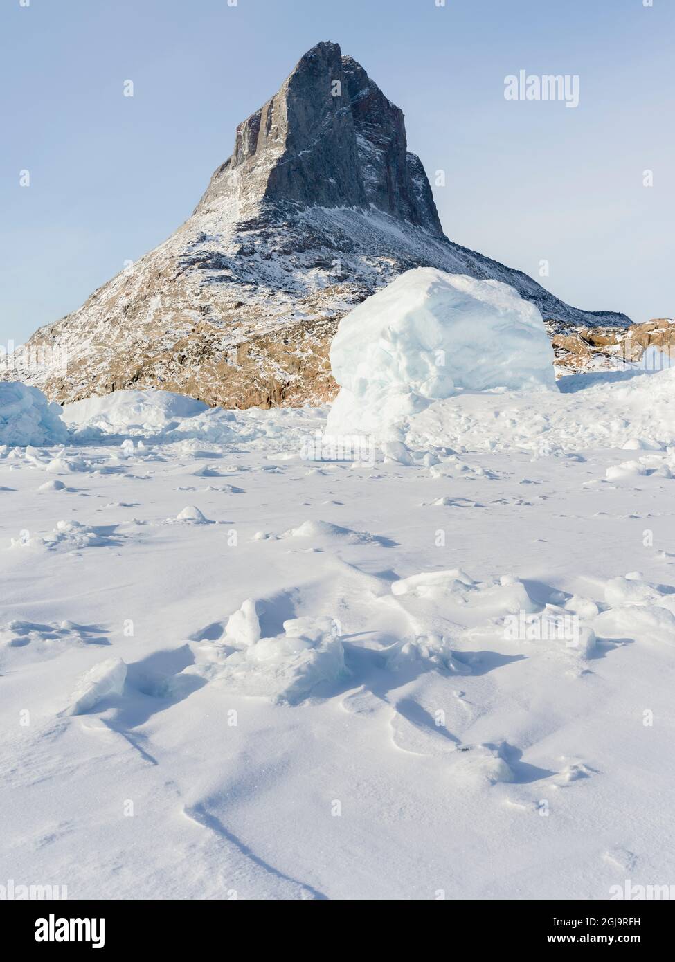 Icebergs frozen into the sea ice of the Uummannaq Fjord System near ...