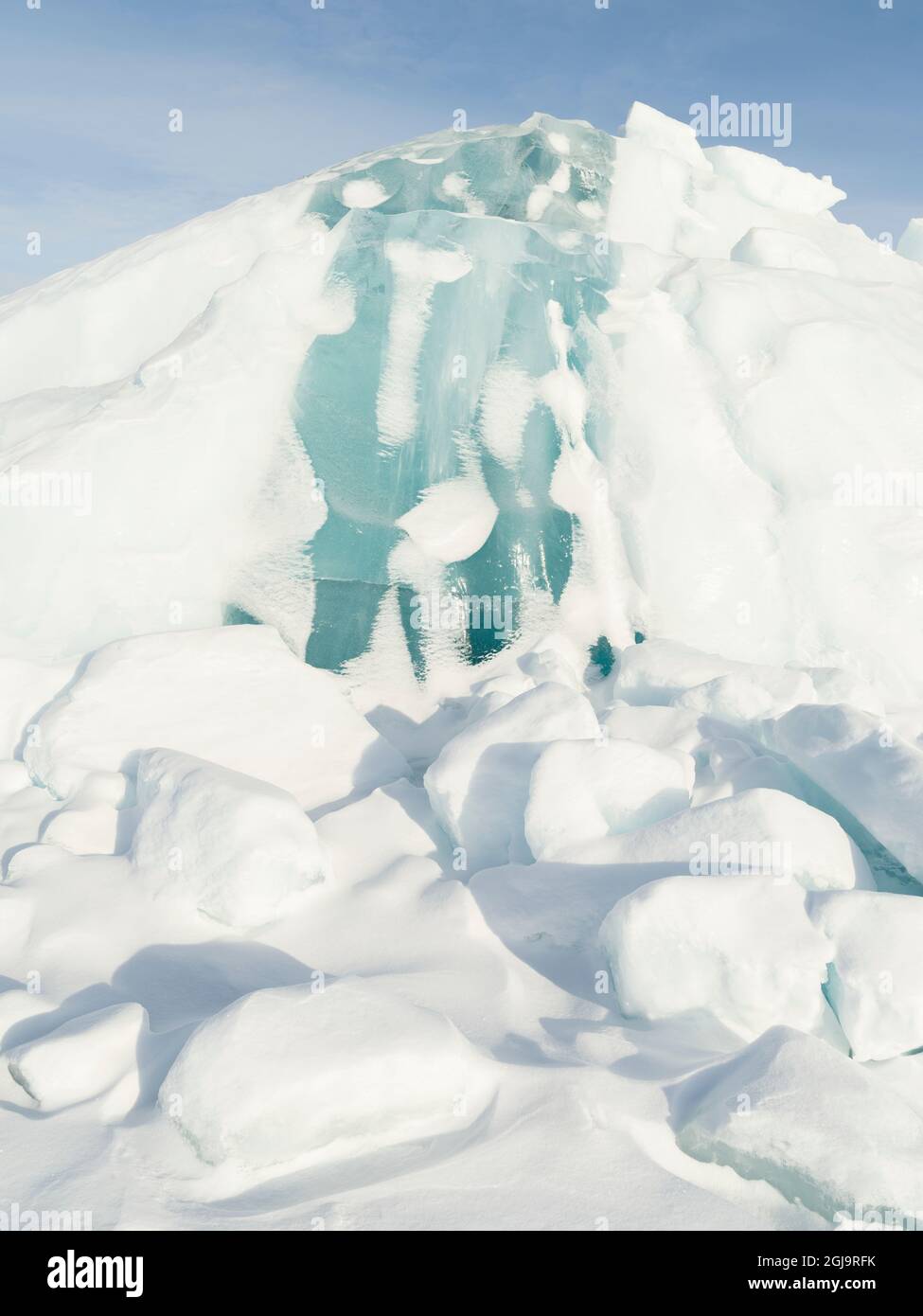Icebergs frozen into the sea ice of the Uummannaq Fjord System near ...