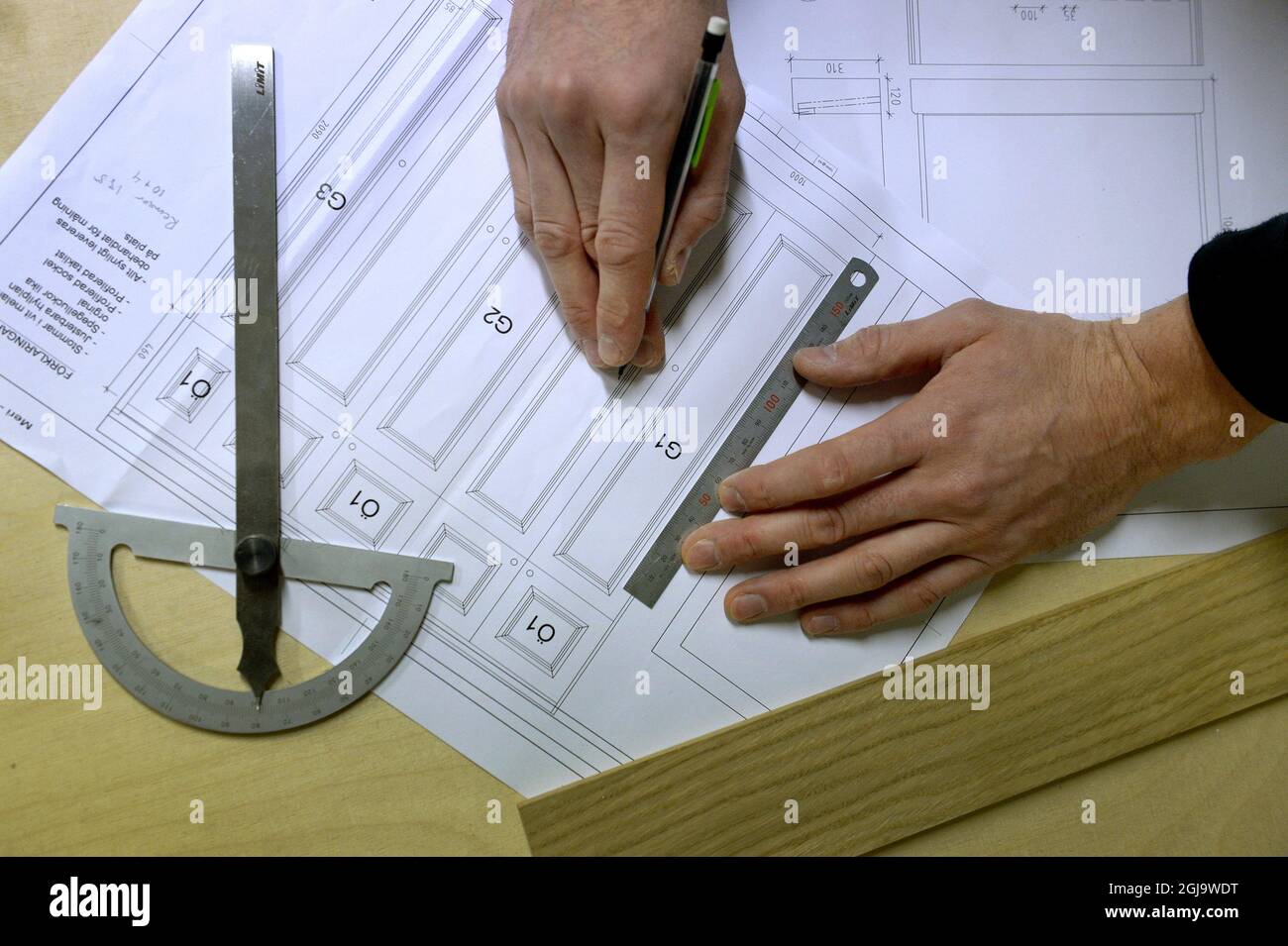 STOCKHOLM 20141027 Blueprint ,ruler, protractor, pen, carpenter ...
