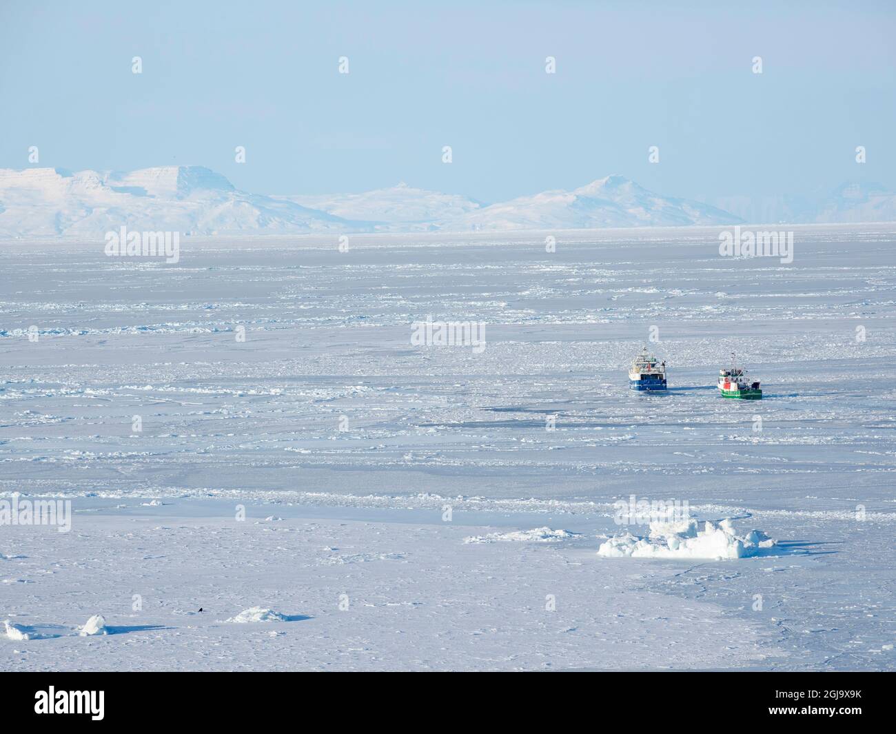 Ships in the sea ice of the frozen Disko Bay during winter, West ...