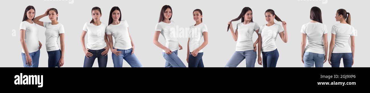 Mockup of a white paired T-shirt on girls in jeans, isolated on ...