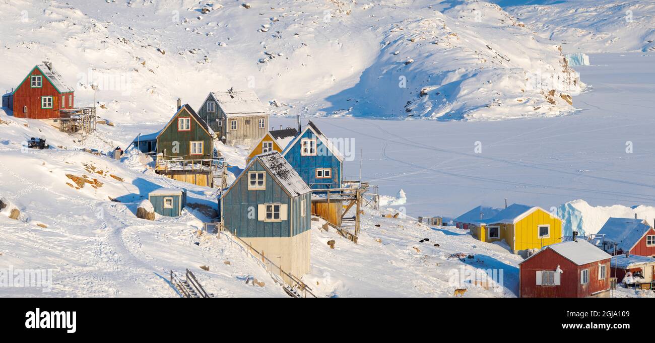 The traditional and remote Greenlandic Inuit village Kullorsuaq located ...