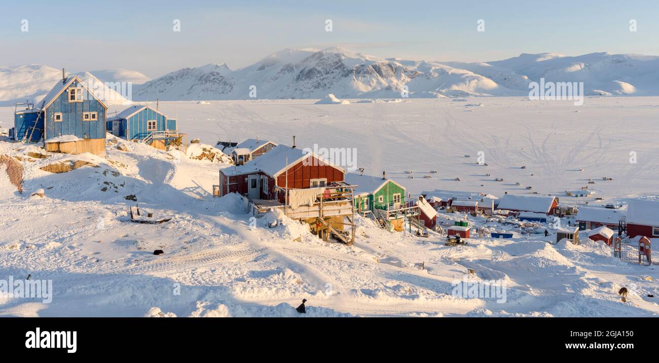 The traditional and remote Greenlandic Inuit village Kullorsuaq located ...
