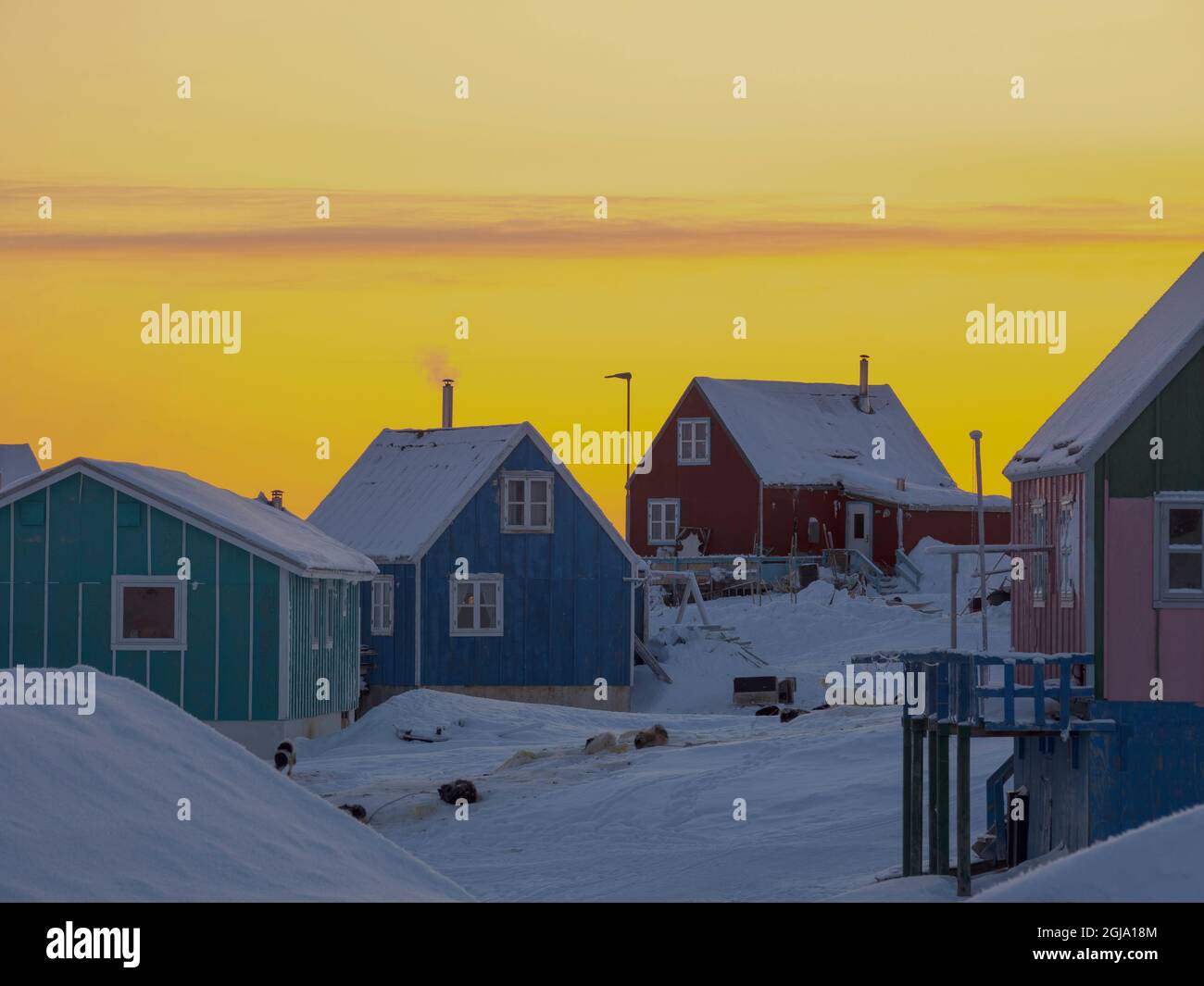 The traditional and remote Greenlandic Inuit village Kullorsuaq located ...