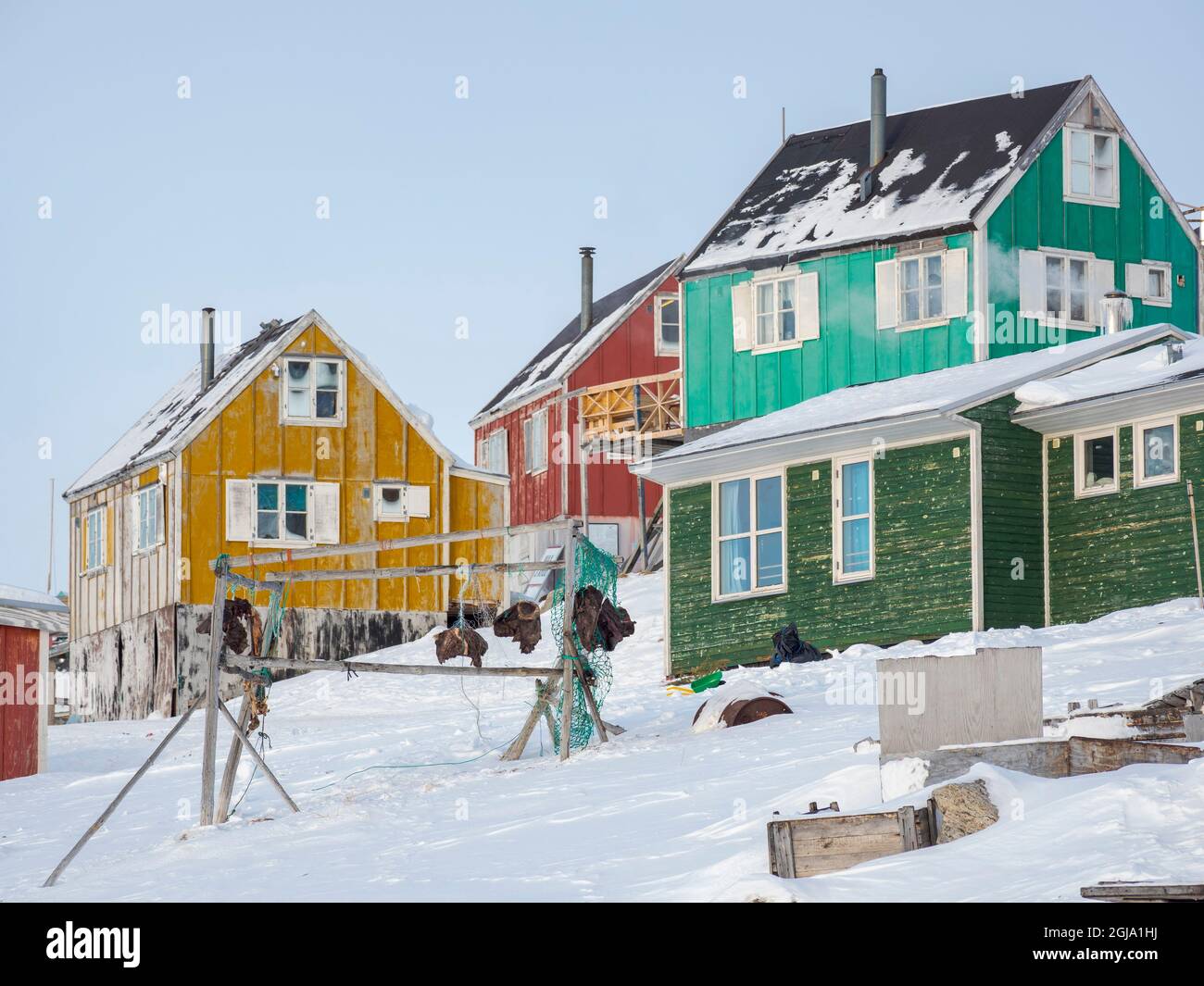 The traditional and remote Greenlandic Inuit village Kullorsuaq located ...