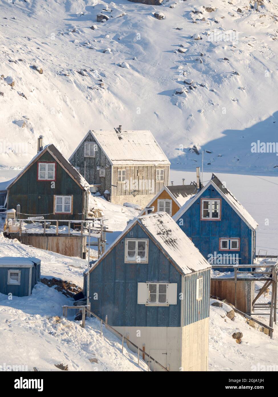 The traditional and remote Greenlandic Inuit village Kullorsuaq located ...