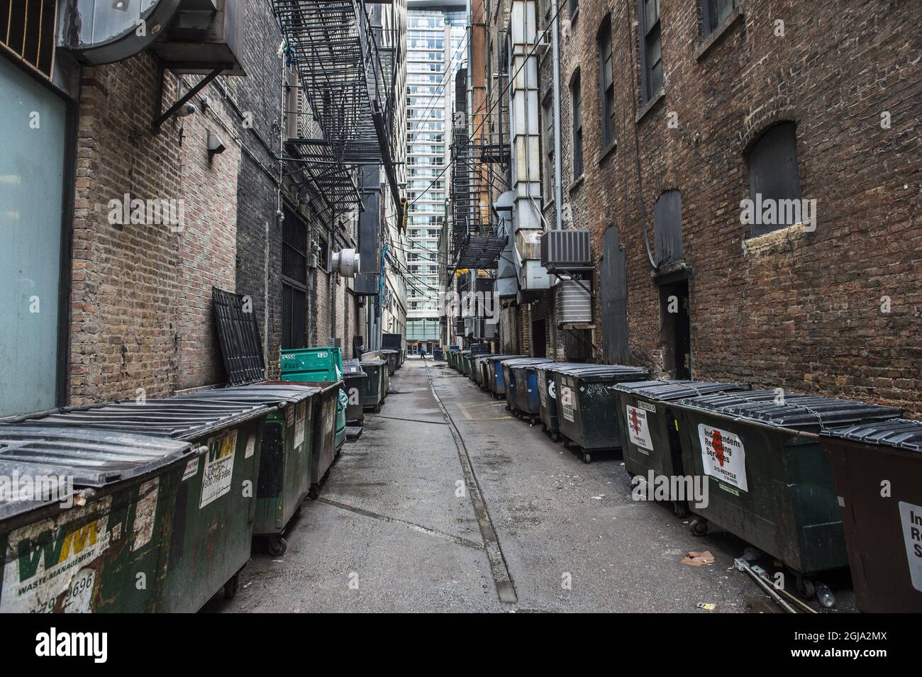 CHICAGO 2016-04-29 Street scene in Chicago, USA . Alley with garbage ...