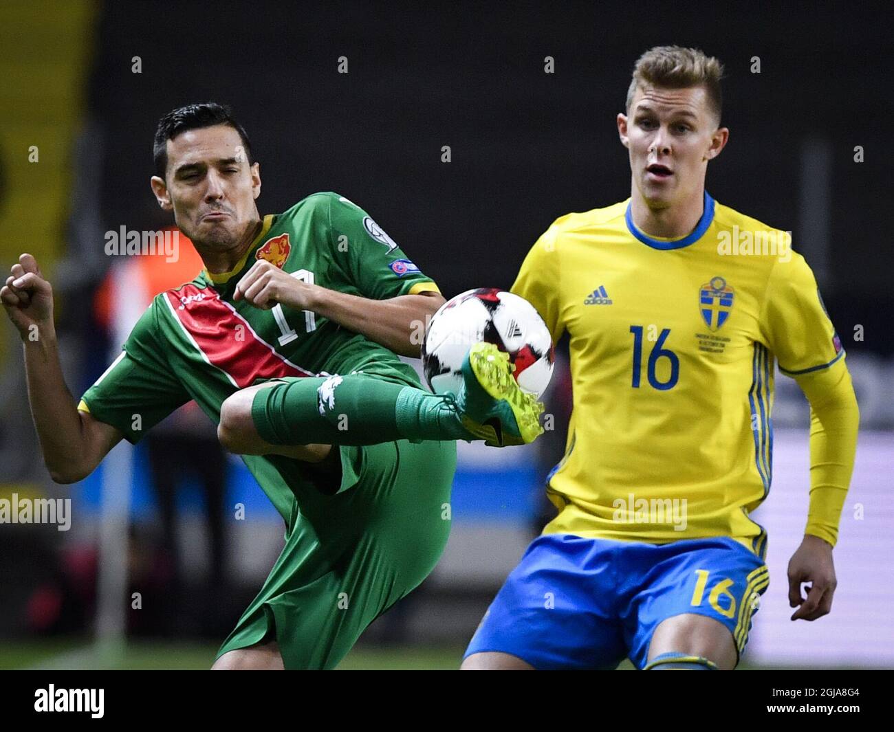 STOCKHOLM 20161010 Bulgaria's Georgi Milanov (L) kick's the ball in ...