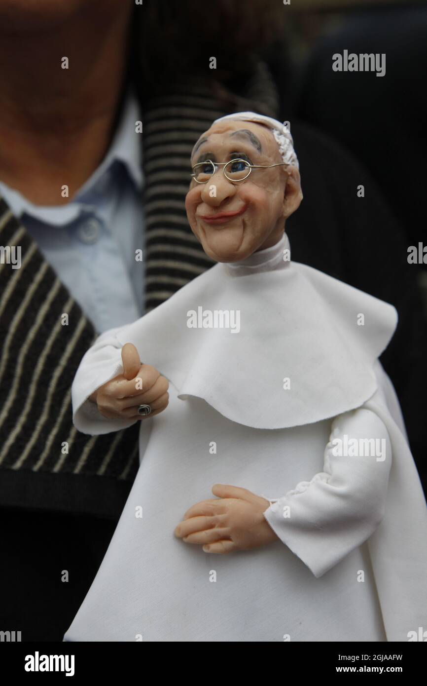 LUND 20161031 Souvenir doll of Pope Francis on display in a shop in ...