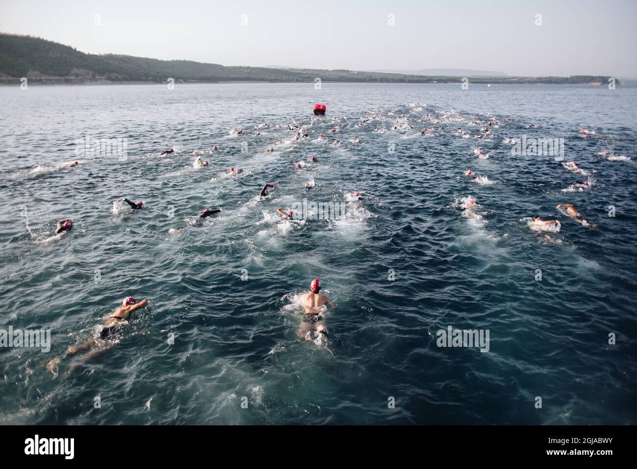 Top view shot of a swimming competition with swimmers in an ocean Stock ...