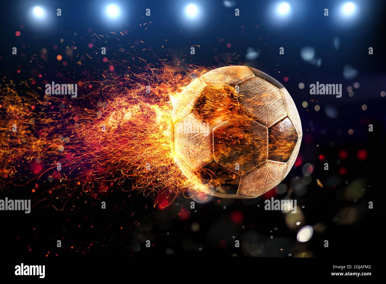Powerful kick of a soccer ball with flame of fire Stock Photo - Alamy