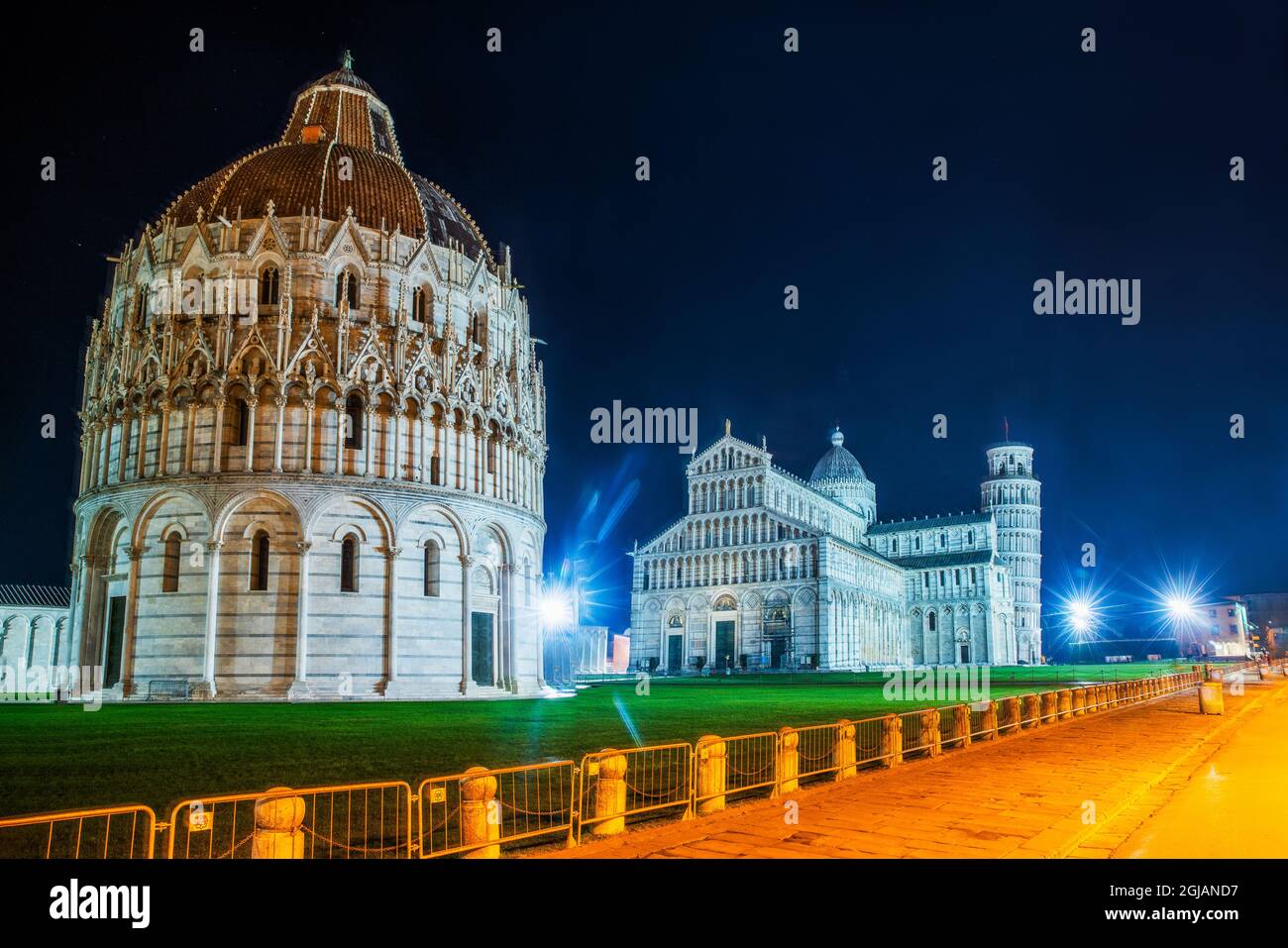 Fantastic Pisa cathedral at night and falling Pisa tower ( at distance ...