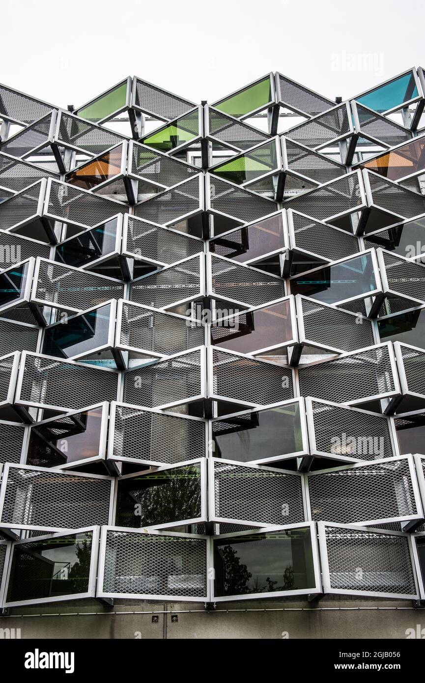 Colored solar cells at the multi house "Flustret" in Linkoping, Sweden ...