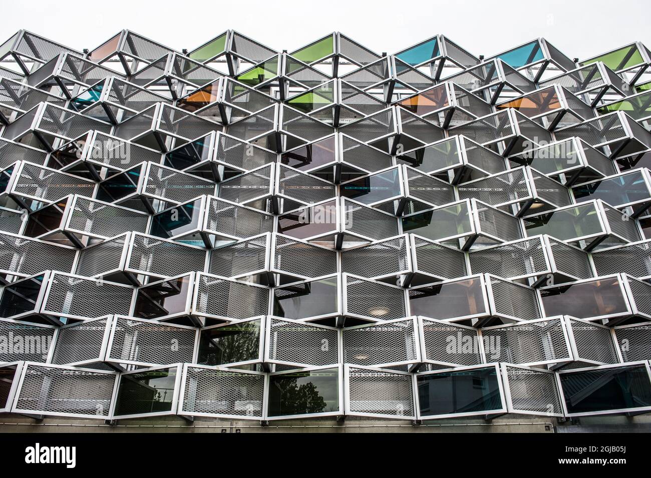 Colored solar cells at the multi house "Flustret" in Linkoping, Sweden ...
