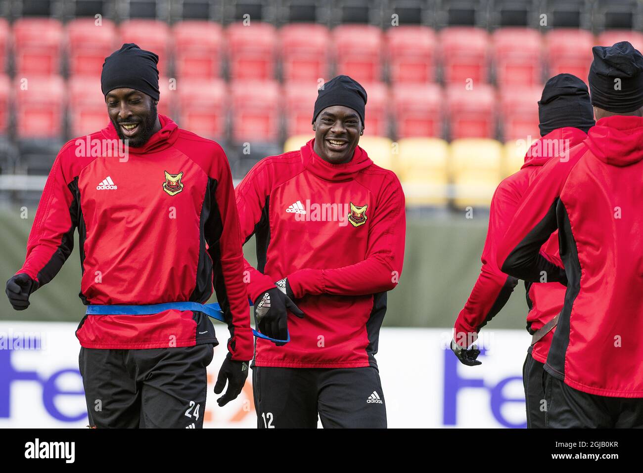 Ostersund's Ronald Mukiibi (L) and Ken Sema smile during a training ...