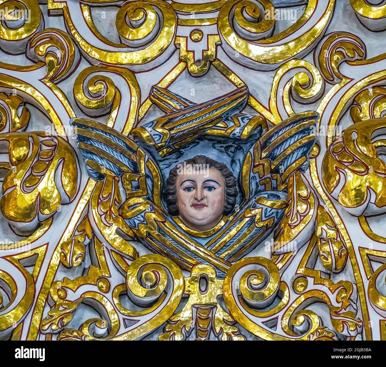 Golden angel with wings in Rosary Chapel, Puebla, Mexico. Built in 1600 ...