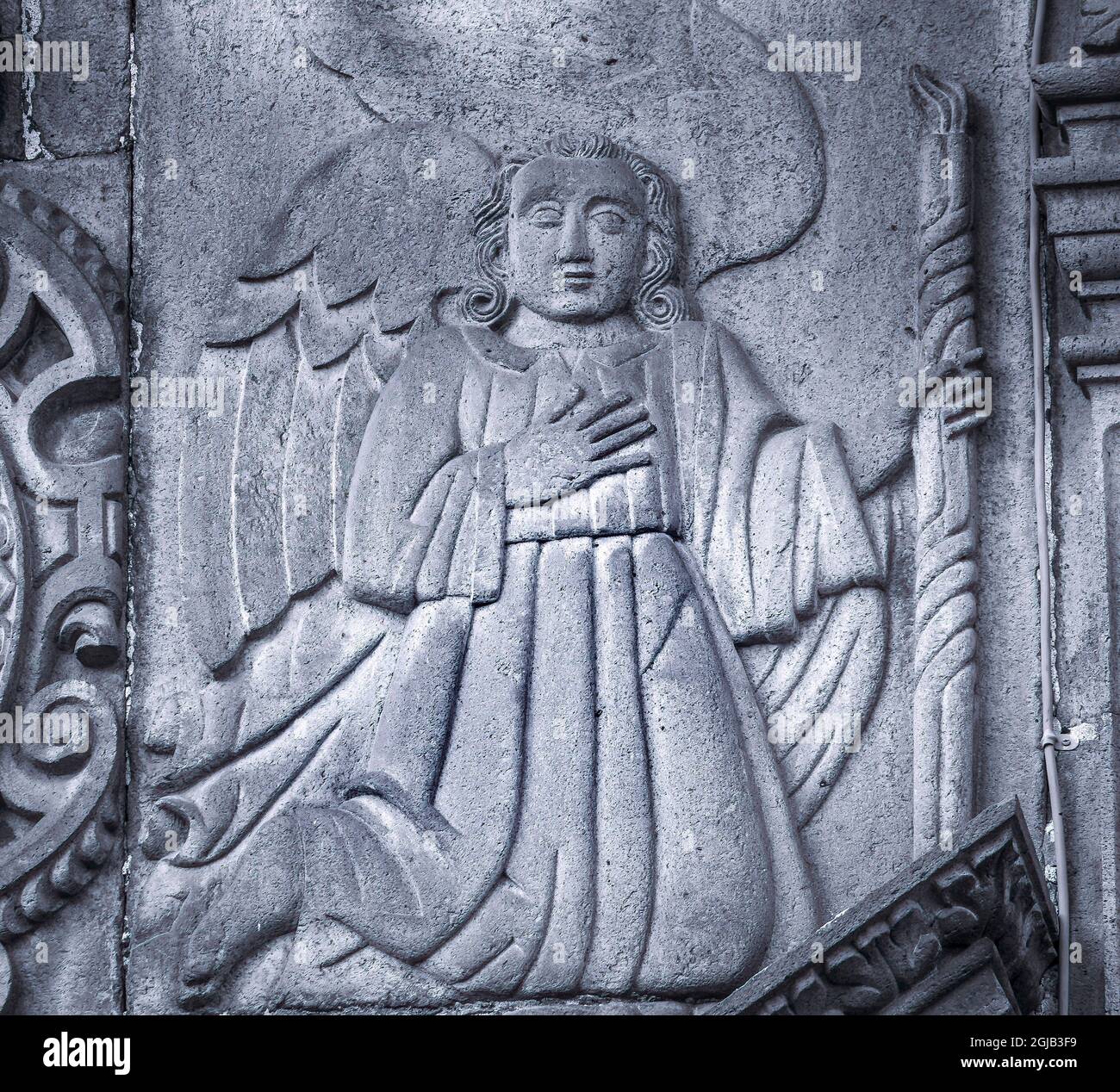 Stone angel facade San Cristobal Church, Puebla, Mexico. Built in 1600 ...