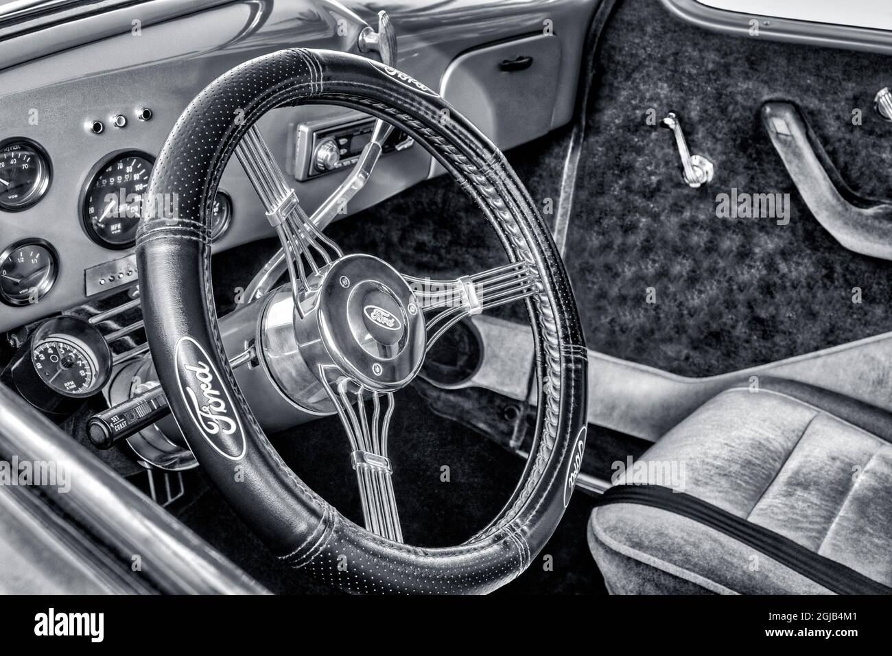 Antique Ford car interior black and white Stock Photo - Alamy