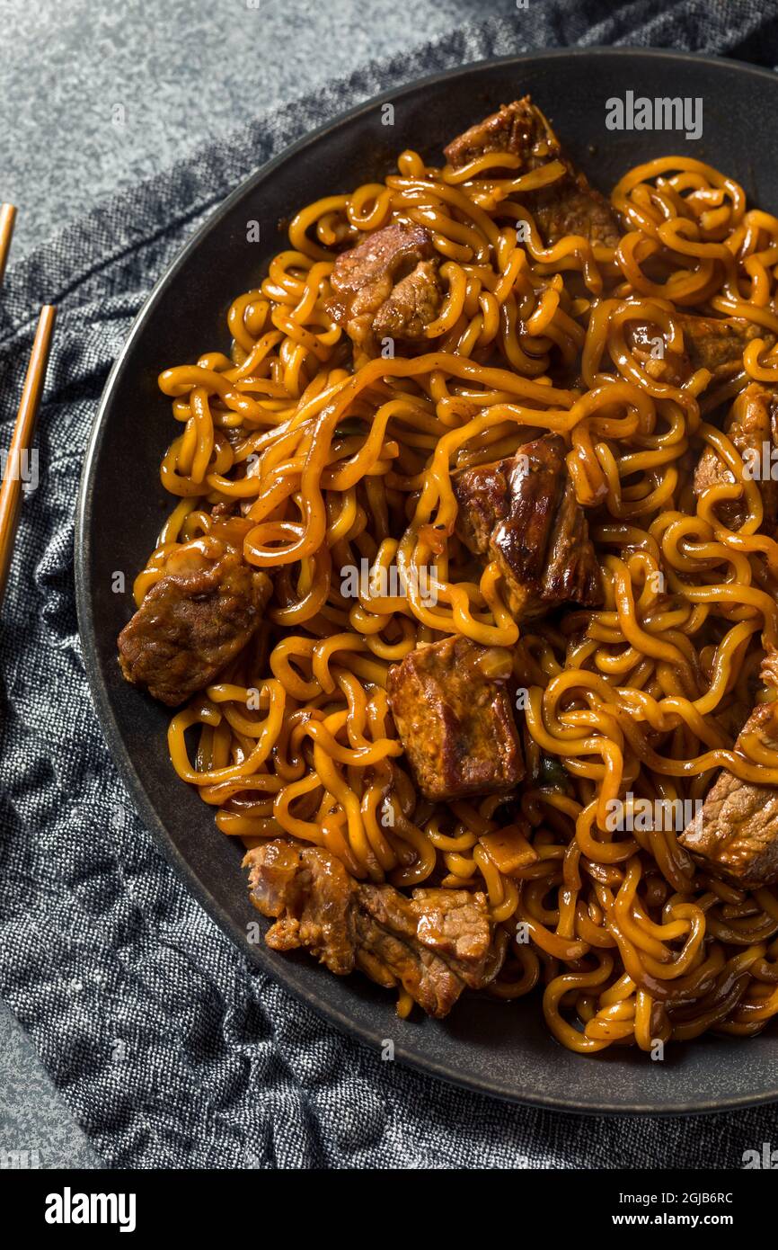 Homemade Trendy Korean Jjapaguri Noodles with Beef and Ramen Stock ...