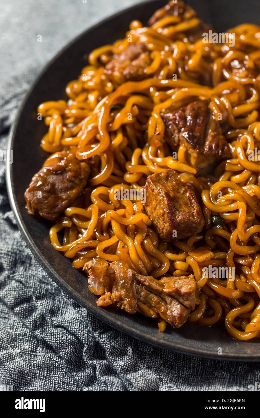Homemade Trendy Korean Jjapaguri Noodles with Beef and Ramen Stock ...