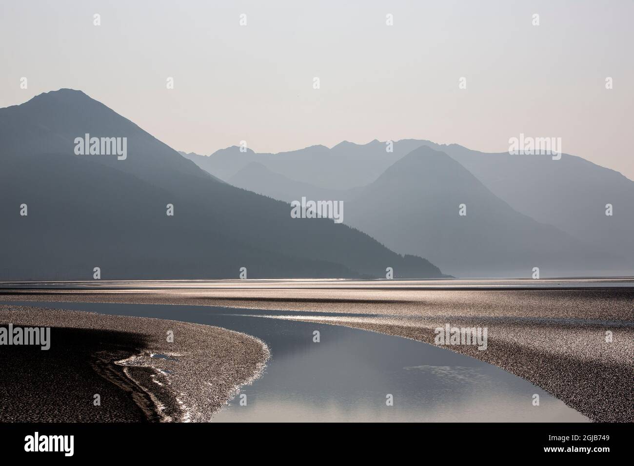 Cook Inlet, Alaska, waterway, curve, mountains, black and white Stock ...