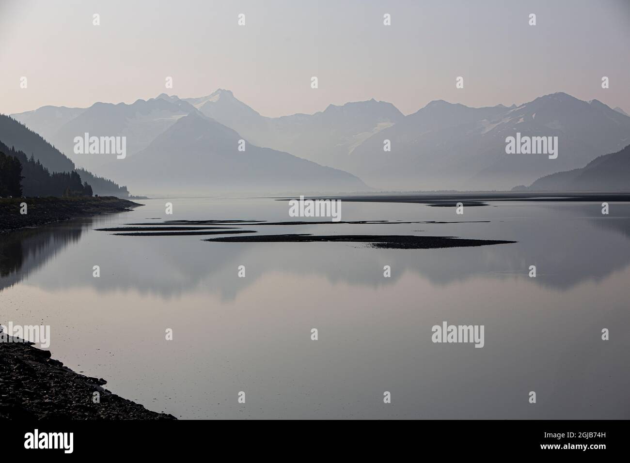 Cook Inlet, Alaska, waterway, curve, mountains, black and white Stock ...