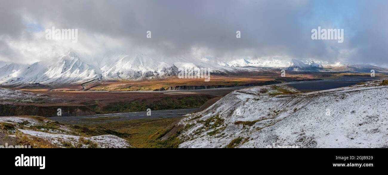 USA, Alaska. Panoramic view of Fall colors in Denali National Park with ...