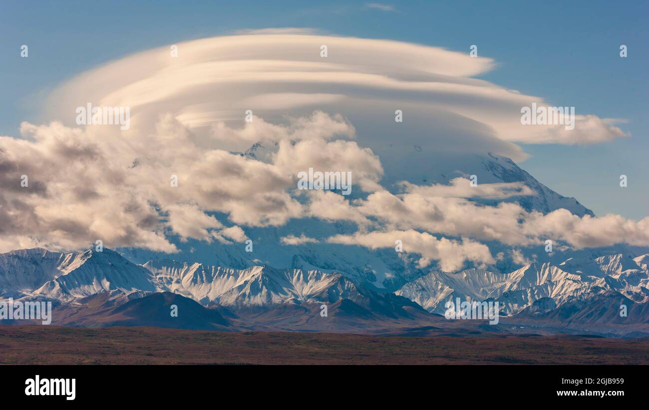 USA, Alaska. Fall colors in Denali National Park with a lenticular ...