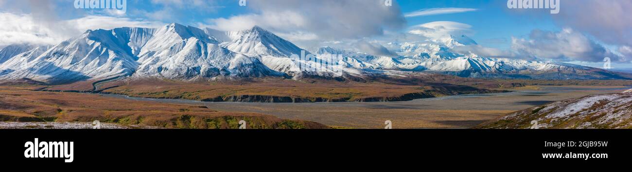USA, Alaska. Panoramic view of Fall colors in Denali National Park with ...