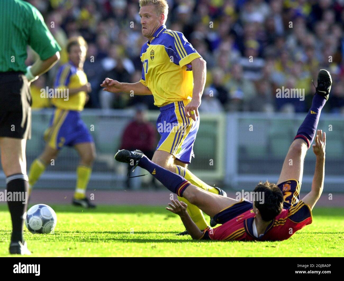 Sweden's Johan Mjallby gets away from Spain's Michel Salgadol Stock ...