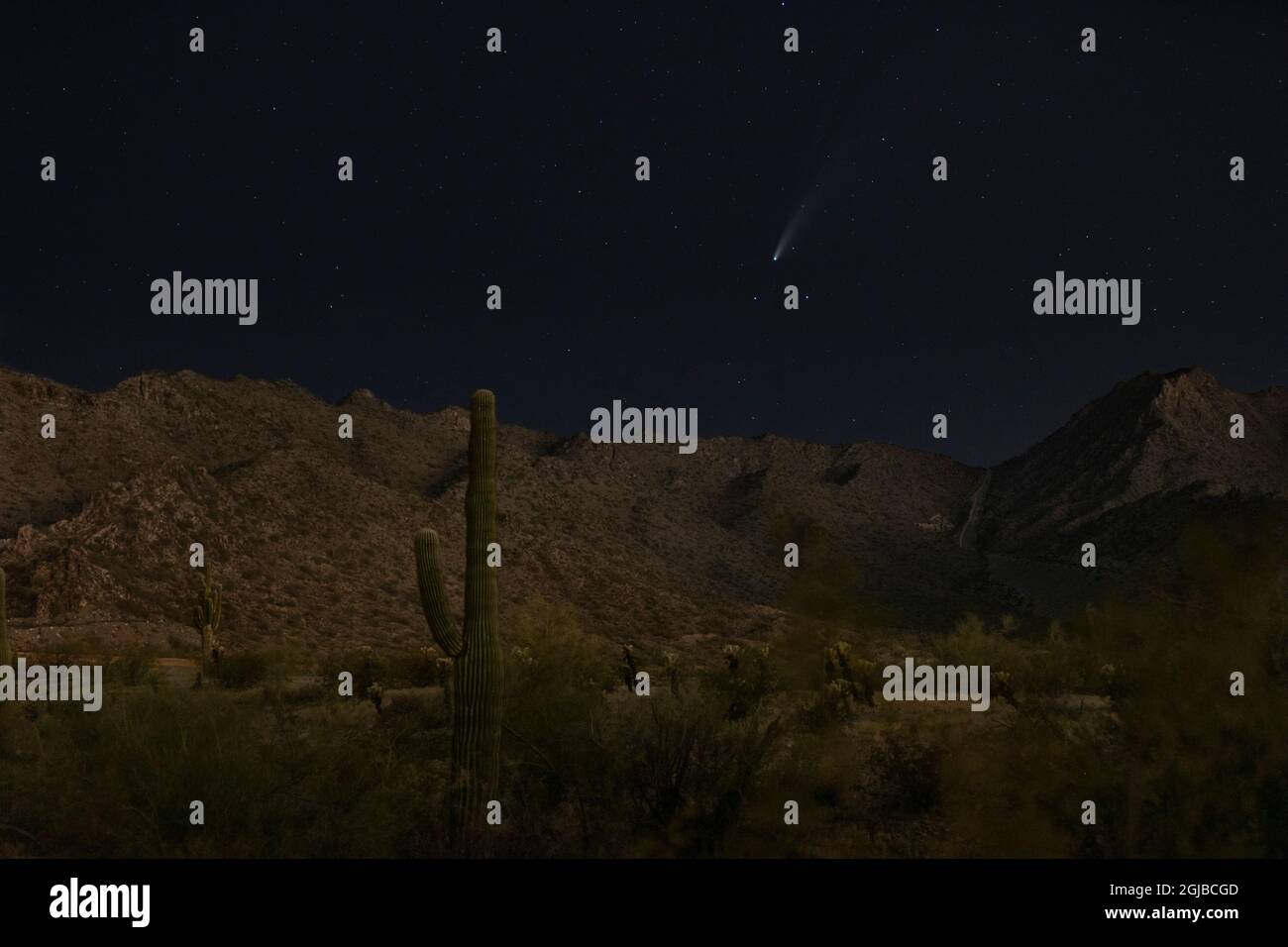 USA, Arizona, Buckeye. Comet Neowise spews trail over White Tank ...