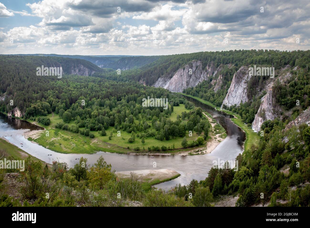 Aerial angle shot of Belaya river valley in Bashkortostan in Russia ...