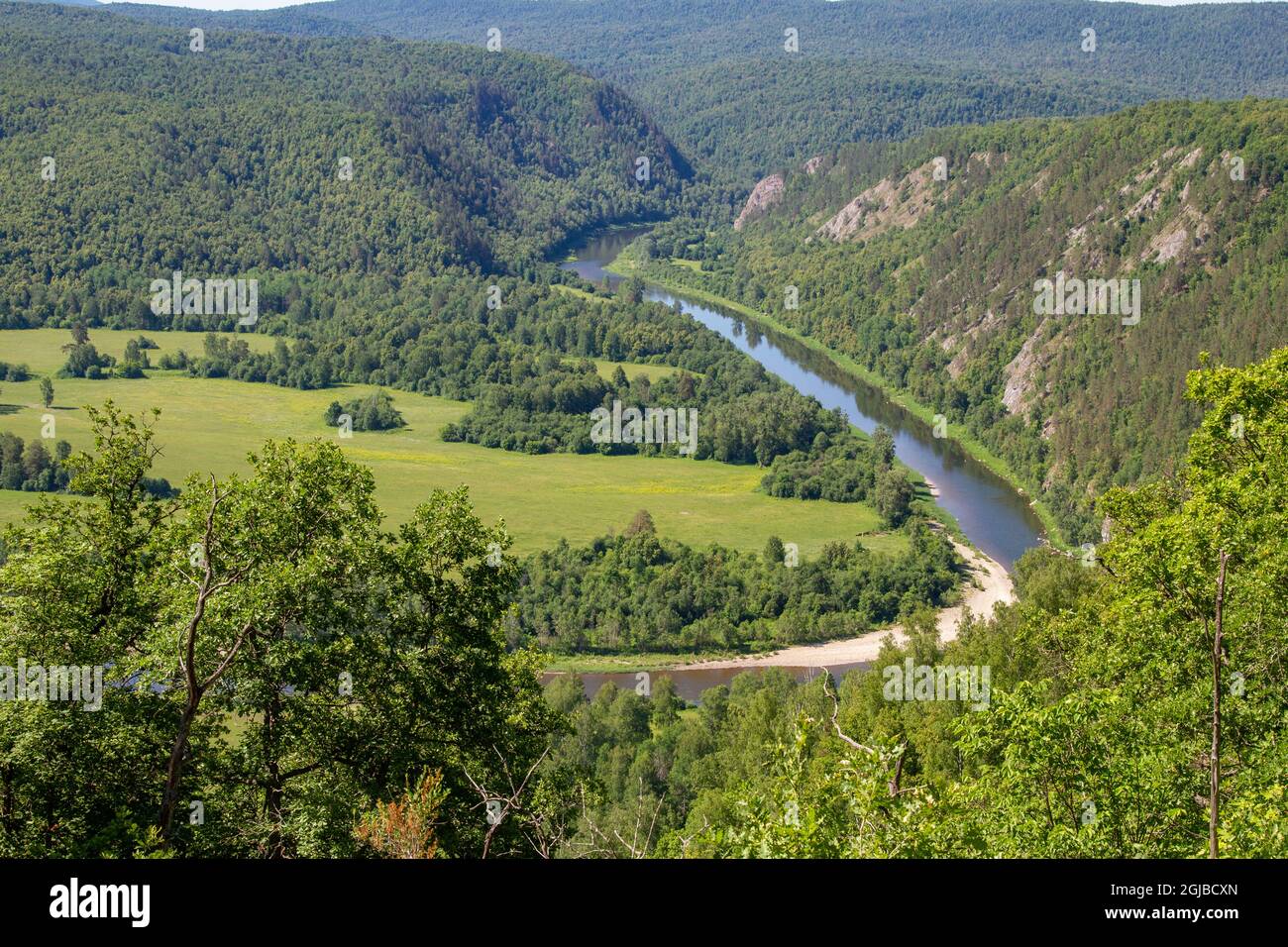 Aerial angle shot of Belaya river valley in Bashkortostan in Russia ...