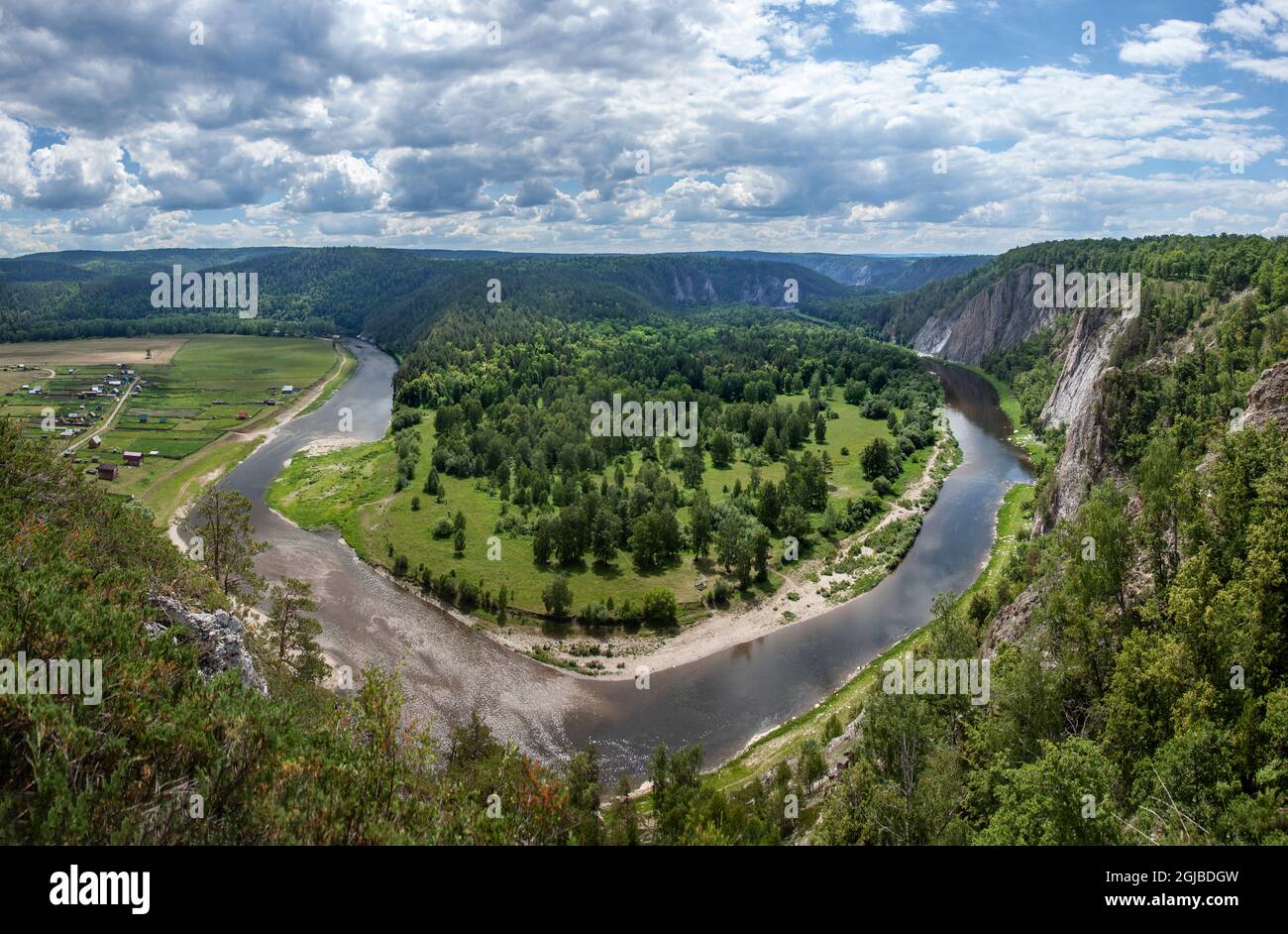 Aerial angle shot of Belaya river valley in Bashkortostan in Russia ...