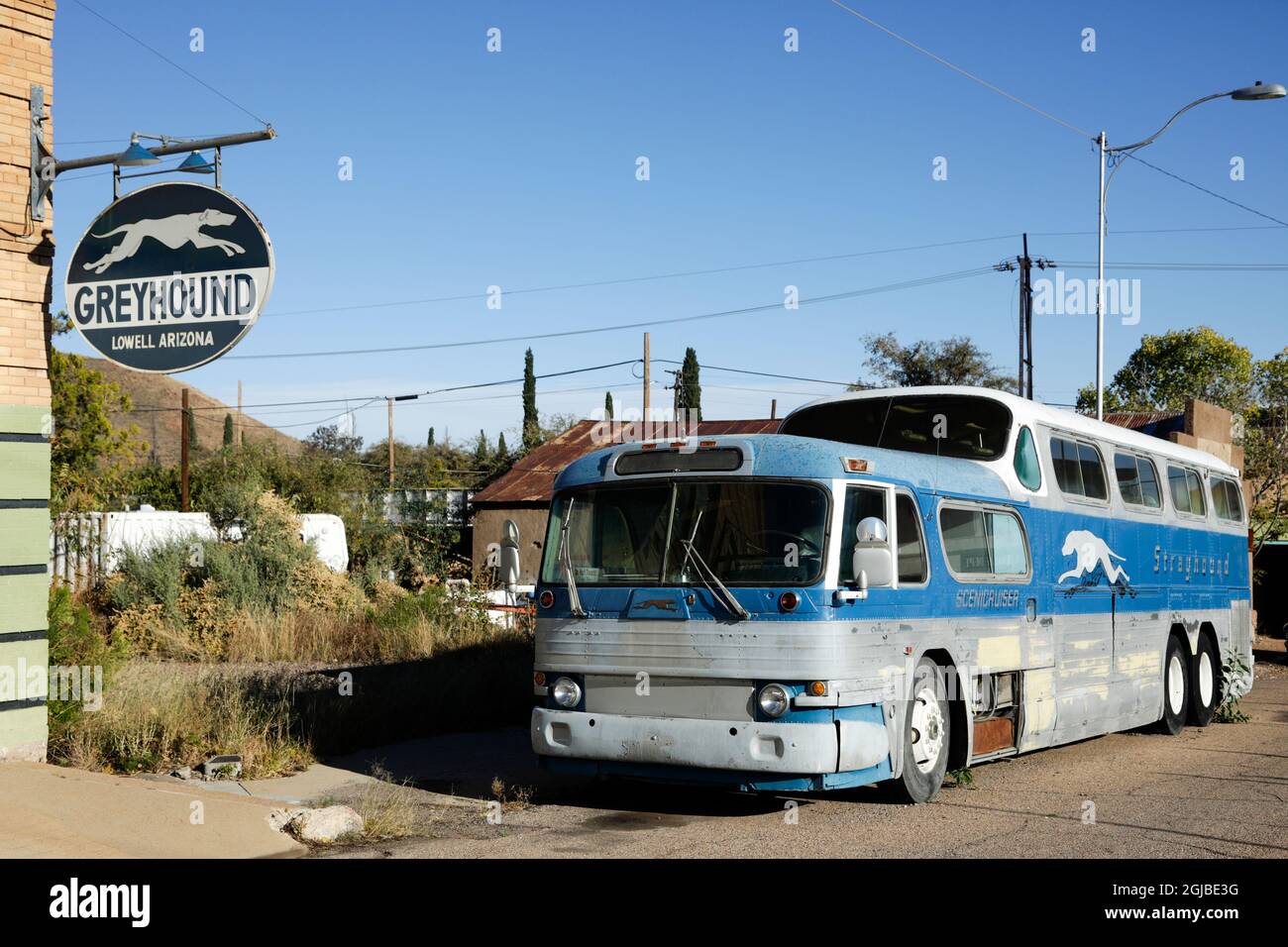Lowell, Arizona. Vintage Greyhound bus parked in front of bus station ...