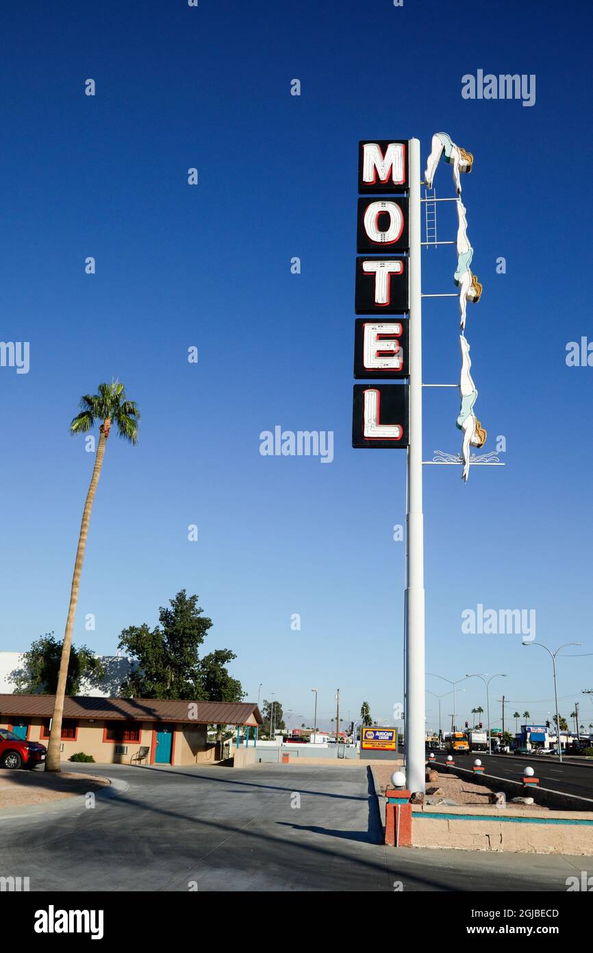 Vintage motel sign with a swimmer diving, Mesa, Arizona. (Editorial Use ...
