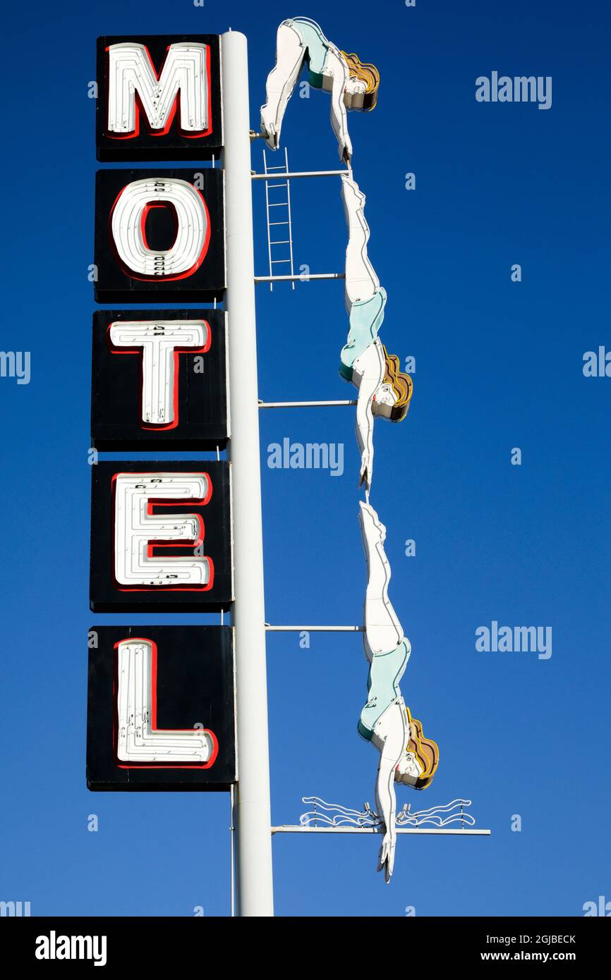 Vintage motel sign with a swimmer diving, Mesa, Arizona. (Editorial Use ...