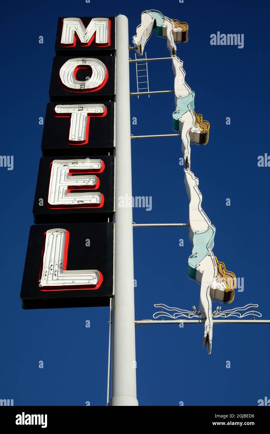 Vintage motel sign with a swimmer diving, Mesa, Arizona. (Editorial Use ...