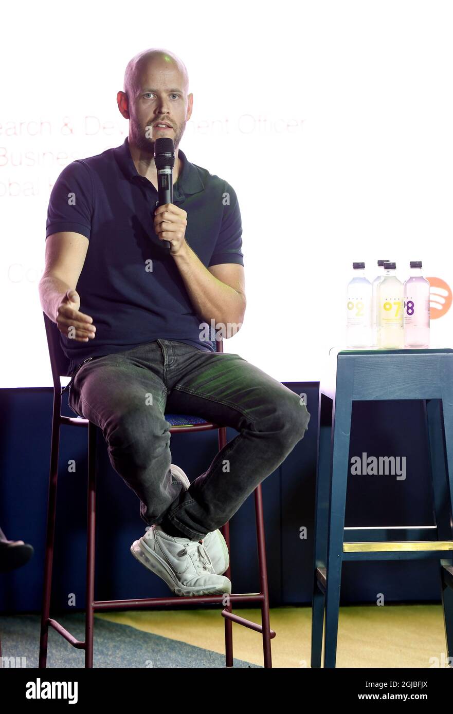STOCKHOLM 2018-08-15 Daniel Ek, co-founder of Spotify, is presenting ...