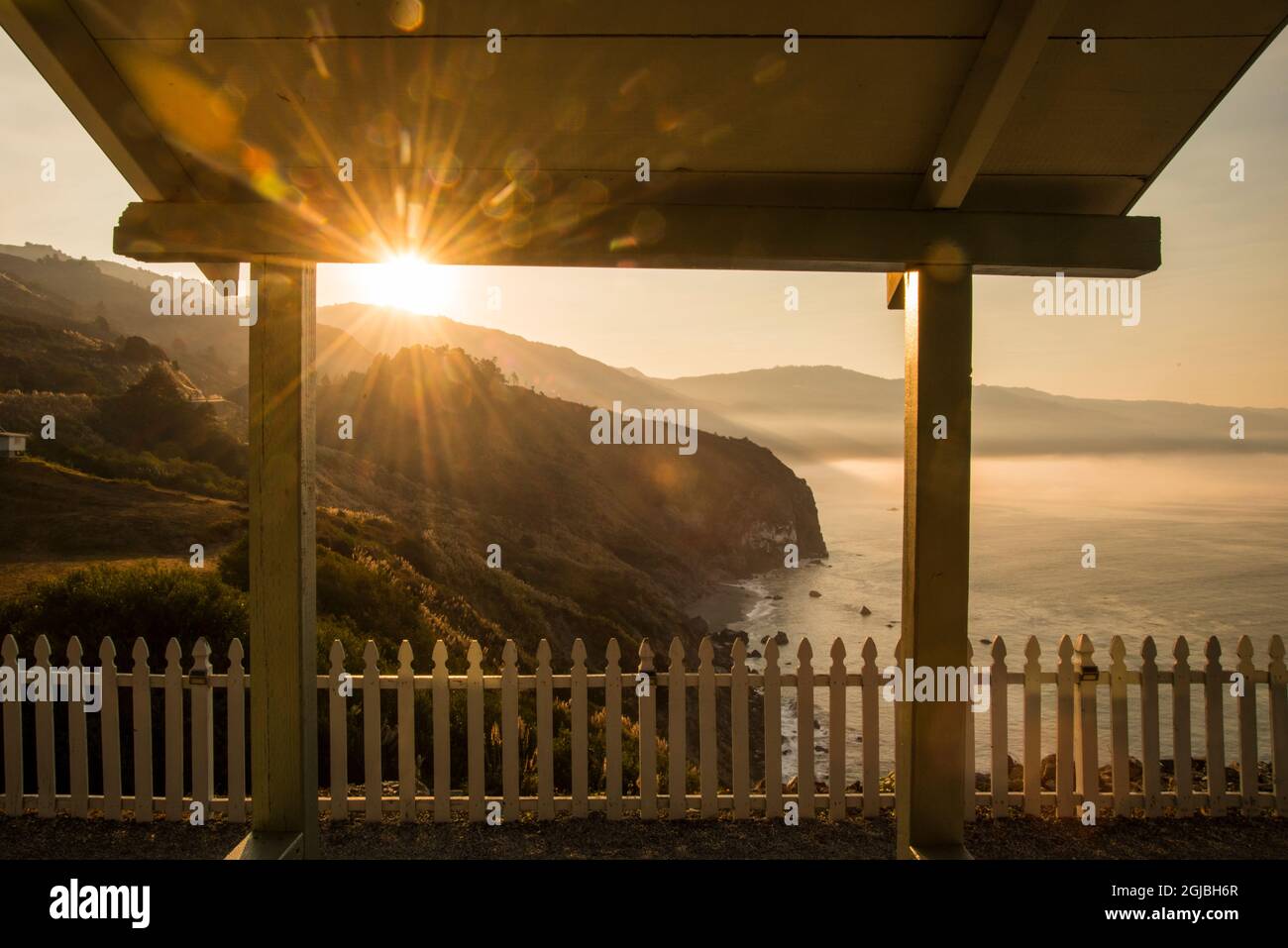 USA, California. Big Sur, Lucia Lodge, sunrise looking south from porch ...