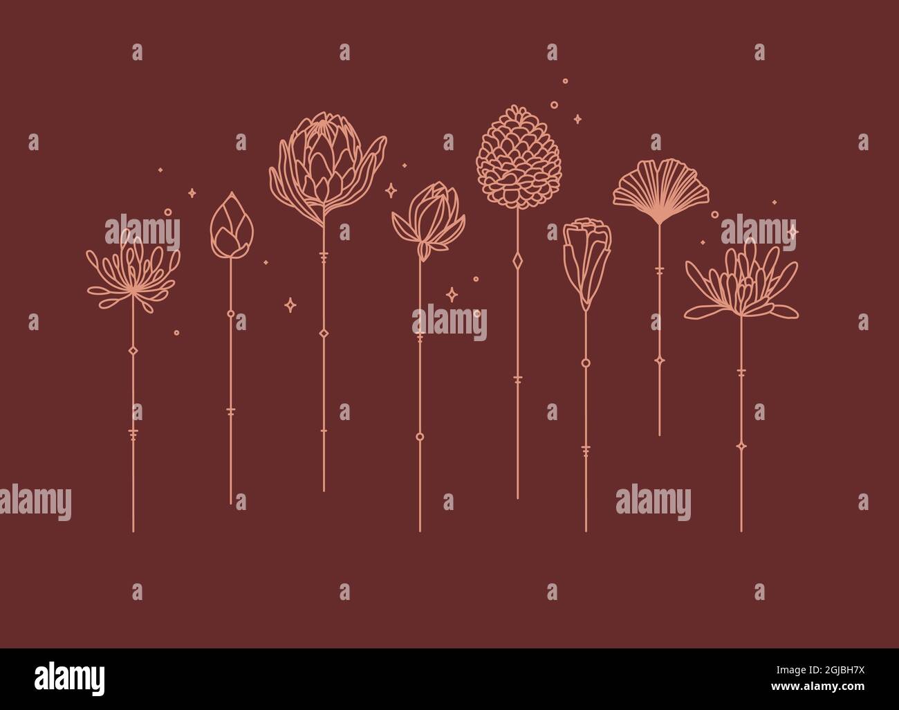 Flowers long stem drawing in art deco style on red background Stock ...