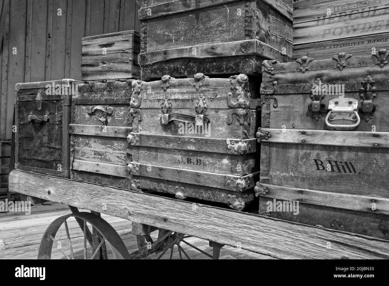 USA, California, Bishop. Black and white of loaded wagon at Laws ...