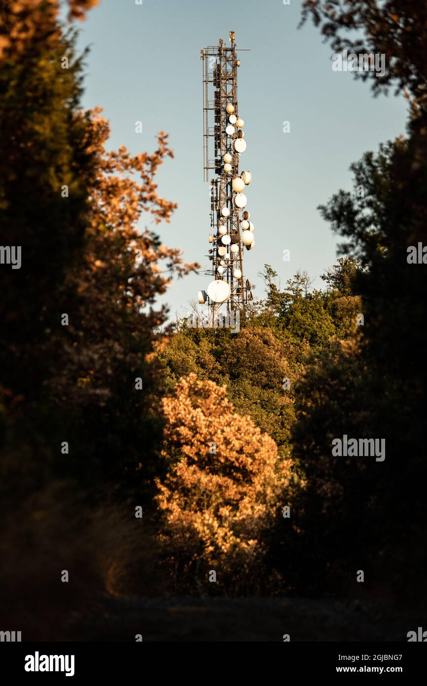 transmission mast in the woodss Stock Photo - Alamy