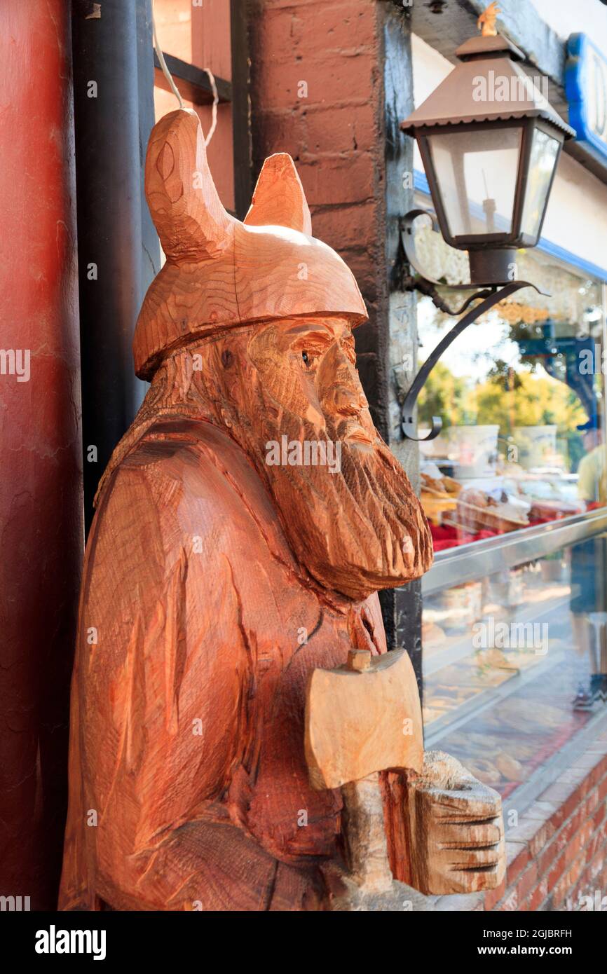 USA, California, Solvang. Wooden Norse Viking statue. (Editorial Use ...