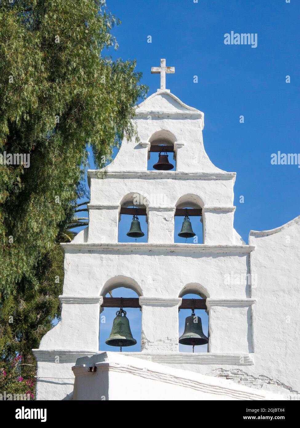 USA, California, San Diego. Bell tower of the historic Mission San ...