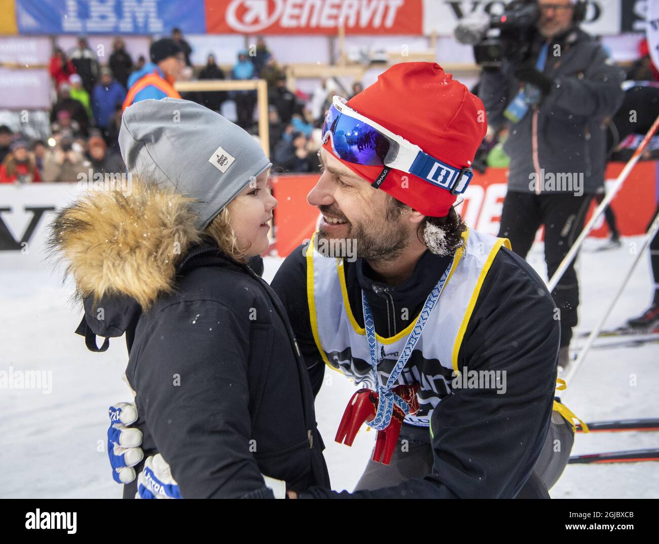 Prince Carl Philip gets a hug from his son Prince Alexander at the goal ...
