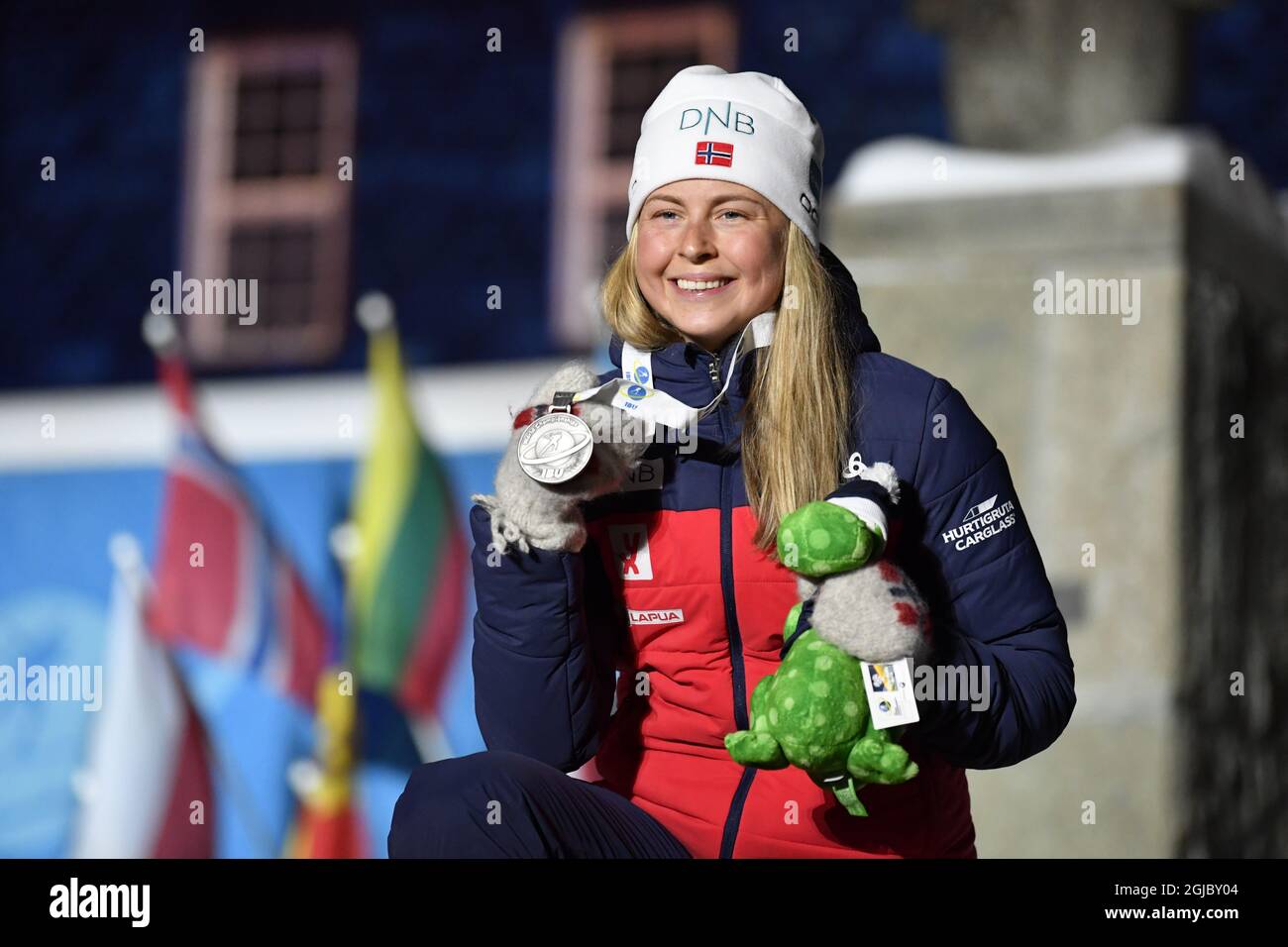 Second placed Ingrid Landmark Tandrevold of Norway poses on the podium ...