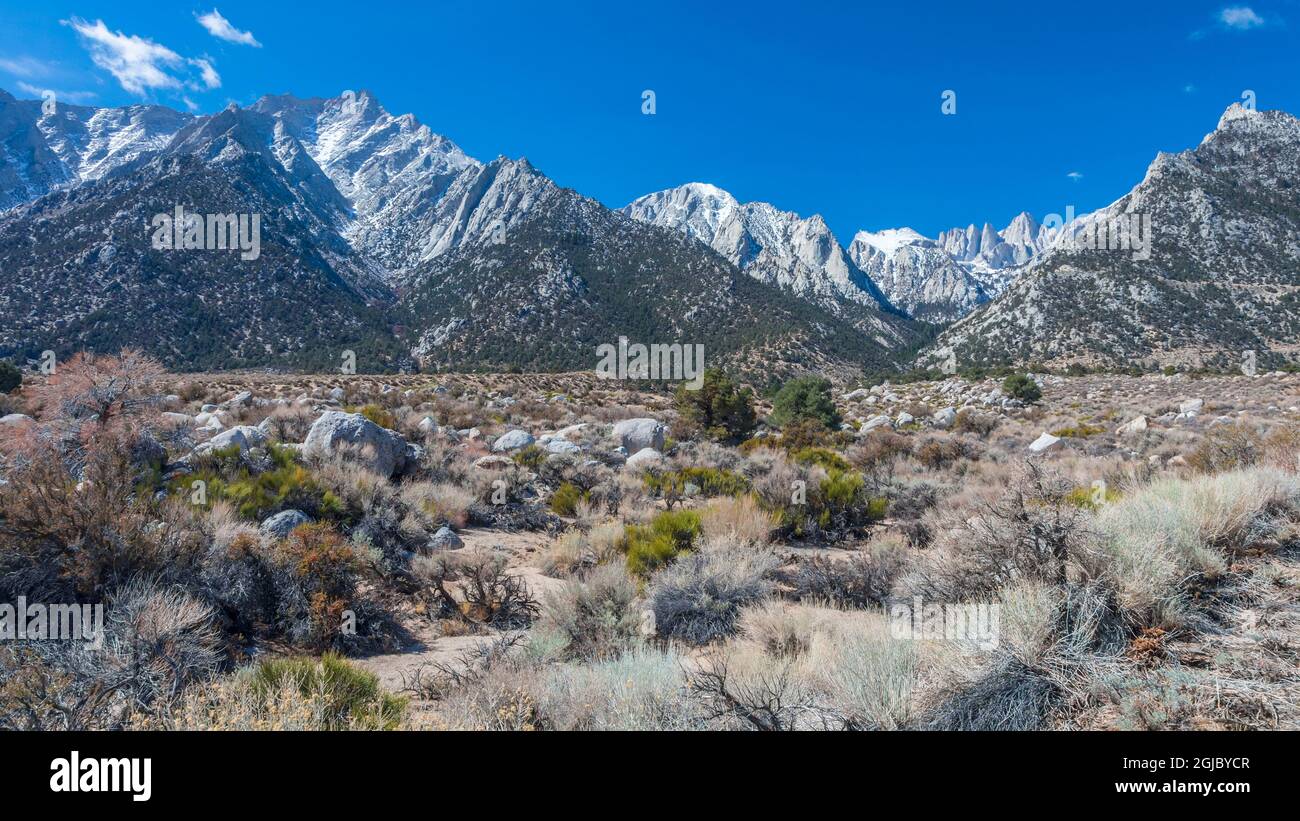 USA, California. View of Mt. Whitney on the Eastern slope of the Sierra Nevada mountain range ...