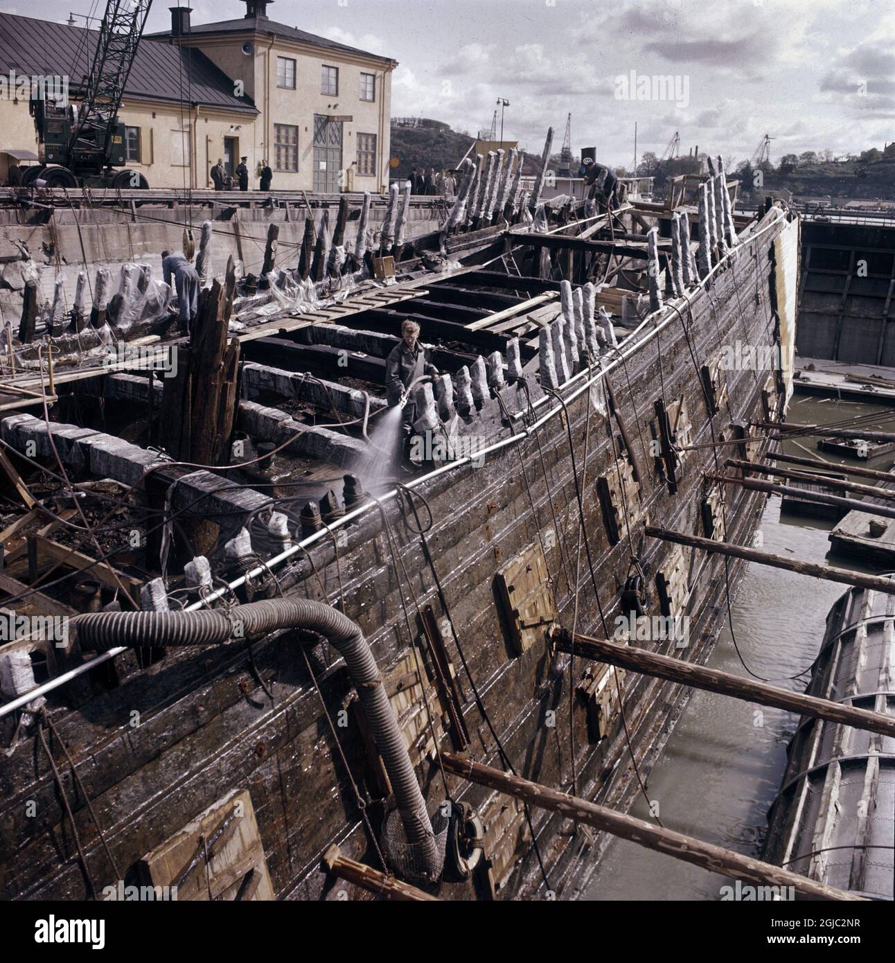 The salvage of the warship Wasa (from1628) in the harbour of Stockholm ...
